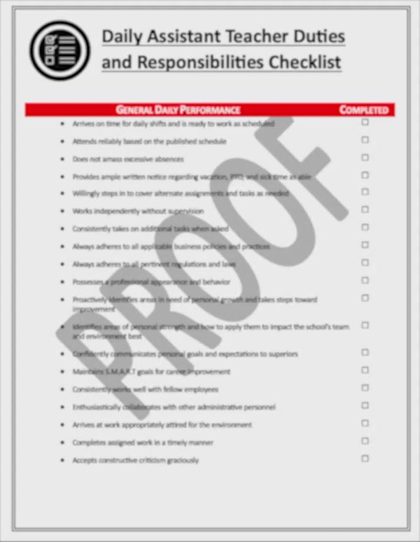 Assistant Teacher Yearly and Daily Duties and Responsibilities Checkli ...