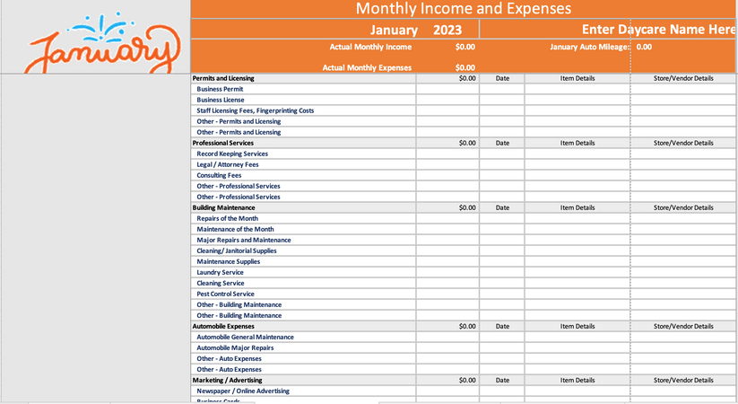 Daycare Income and Expense Monthly Tracker with Mileage Tracker – Admin ...