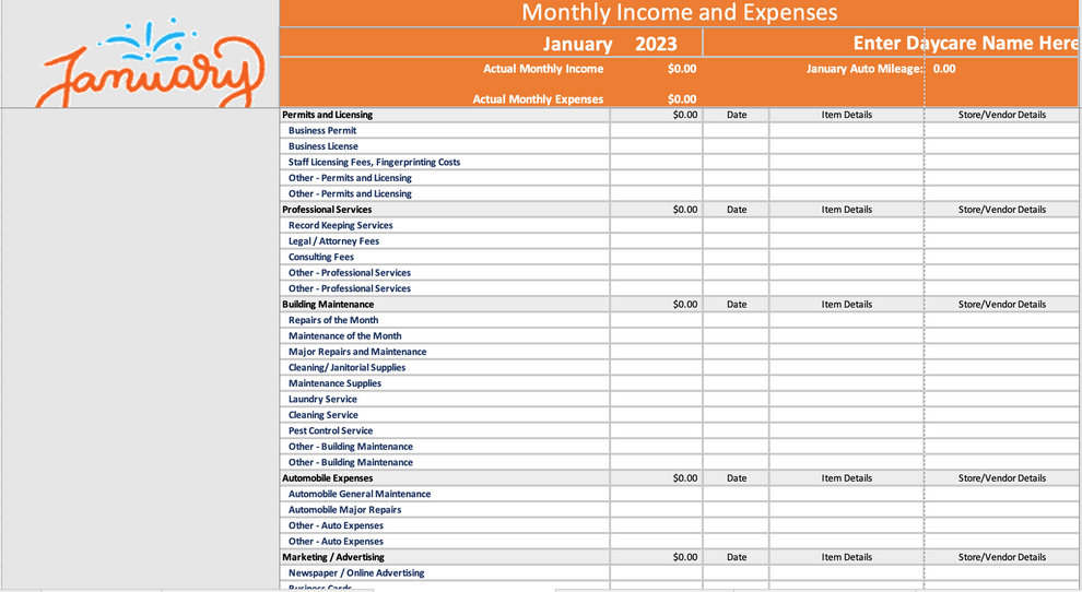 Daycare Income and Expense Monthly Tracker with Mileage Tracker – Admin ...